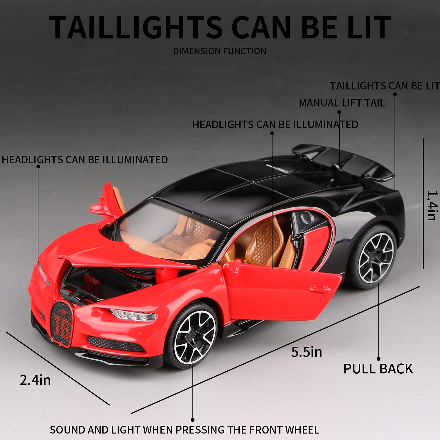 1:32 Bugatti Chiron zinc Alloy Pull Back Car Diecast Electronic Toys with Lights and Music,Decorative,Mini Vehicles Toys for Kids,Boyfriend,Young Peoples Gift(red)