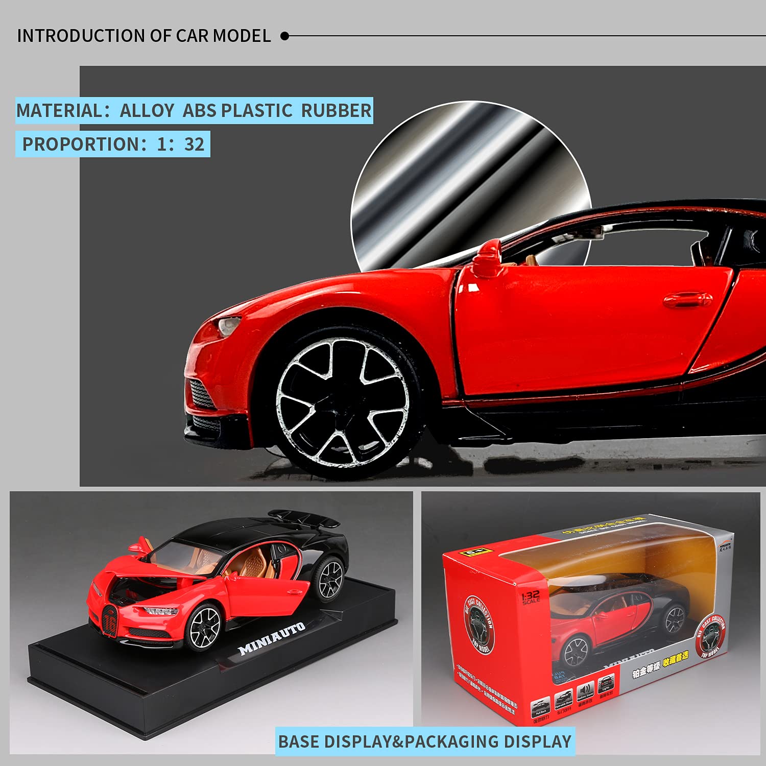 1:32 Bugatti Chiron zinc Alloy Pull Back Car Diecast Electronic Toys with Lights and Music,Decorative,Mini Vehicles Toys for Kids,Boyfriend,Young Peoples Gift(red)