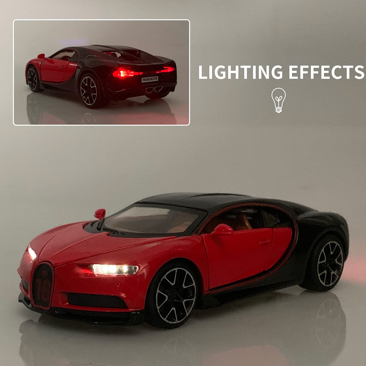 1:32 Bugatti Chiron zinc Alloy Pull Back Car Diecast Electronic Toys with Lights and Music,Decorative,Mini Vehicles Toys for Kids,Boyfriend,Young Peoples Gift(red)