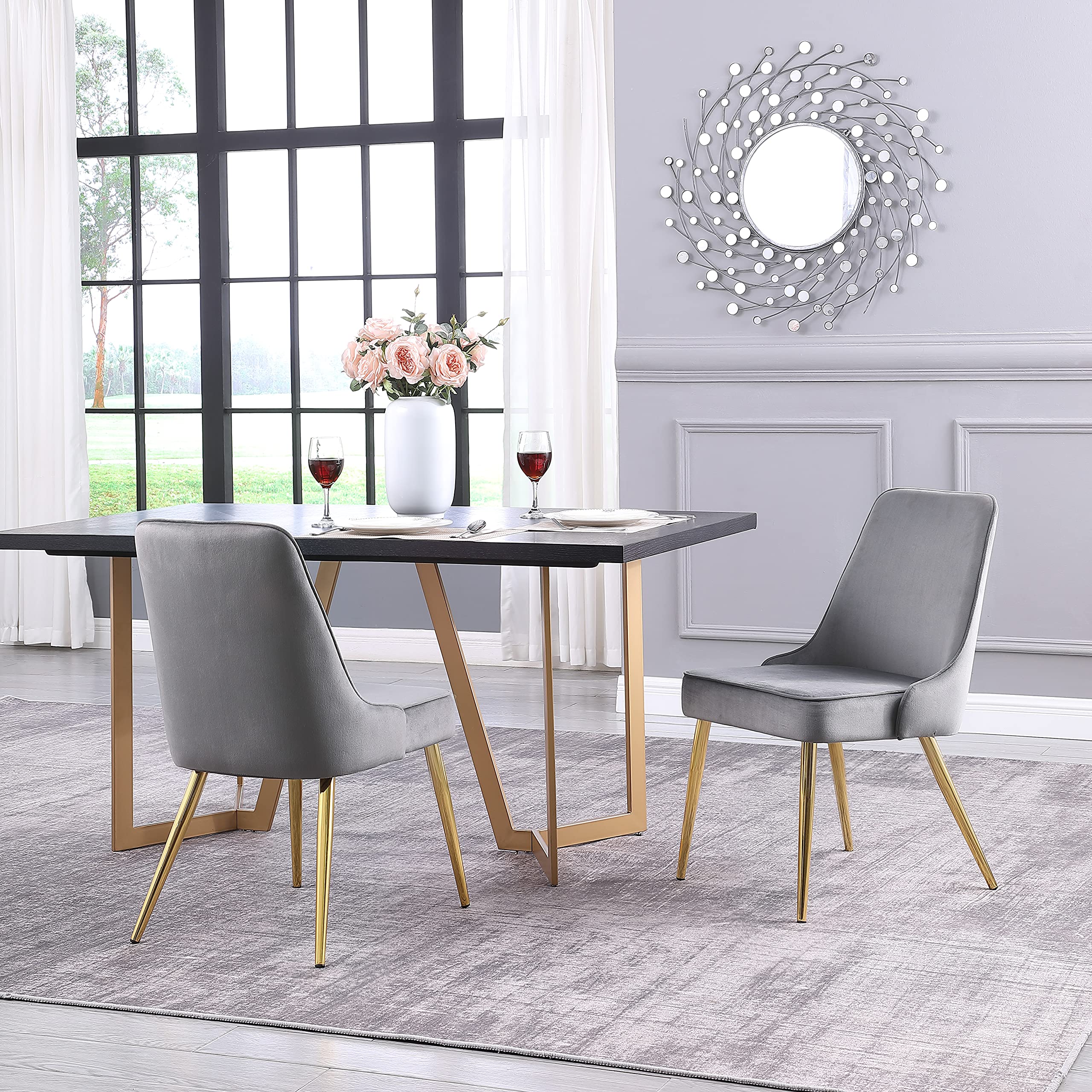KithKasa Velvet Dining Upholstered Sets of 2 Mid-Century Modern Chair with Gold Legs for Kitchen Room, Gray