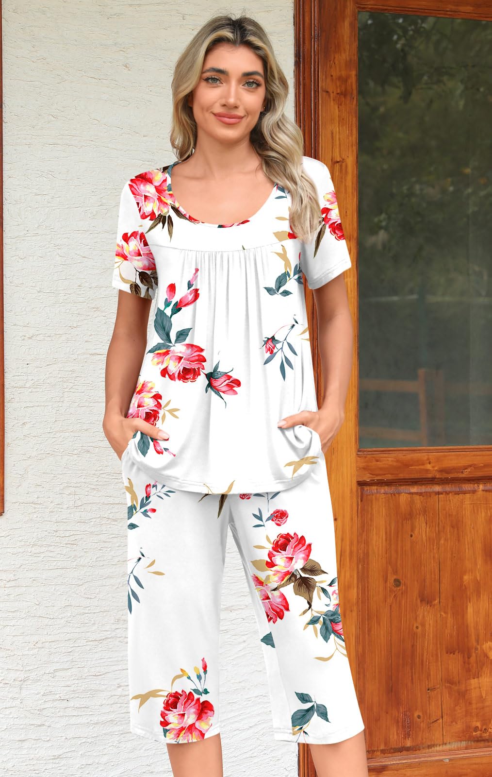 POPYOUNG Womens Pajama Sets Summer Ladies Pjs 2 Piece Loungewear Capri with Pockets Sleepwear L, Floral White