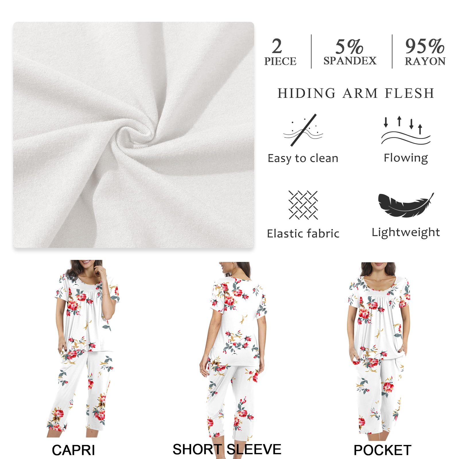 POPYOUNG Womens Pajama Sets Summer Ladies Pjs 2 Piece Loungewear Capri with Pockets Sleepwear L, Floral White