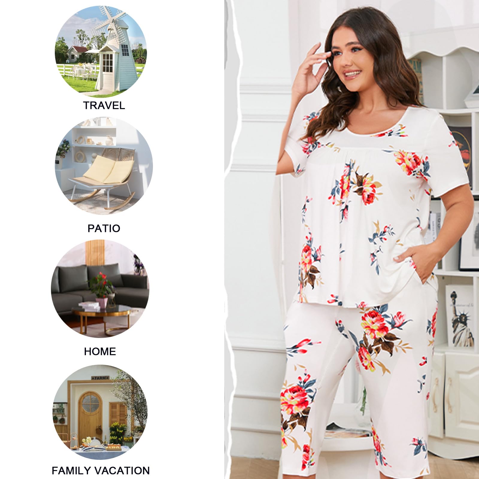 POPYOUNG Womens Pajama Sets Summer Ladies Pjs 2 Piece Loungewear Capri with Pockets Sleepwear L, Floral White