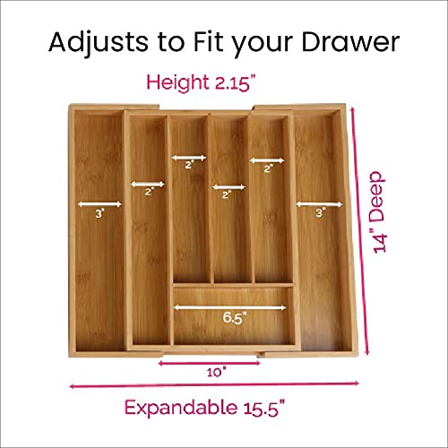 StorageMate Bamboo Drawer Organizer Silverware Tray - Adjustable Utensil Holder for cutlery - Expandable Drawer Divider for Stationery, Craft Supplies, Household Tools, Jewelry, Makeup, Hair Accessories