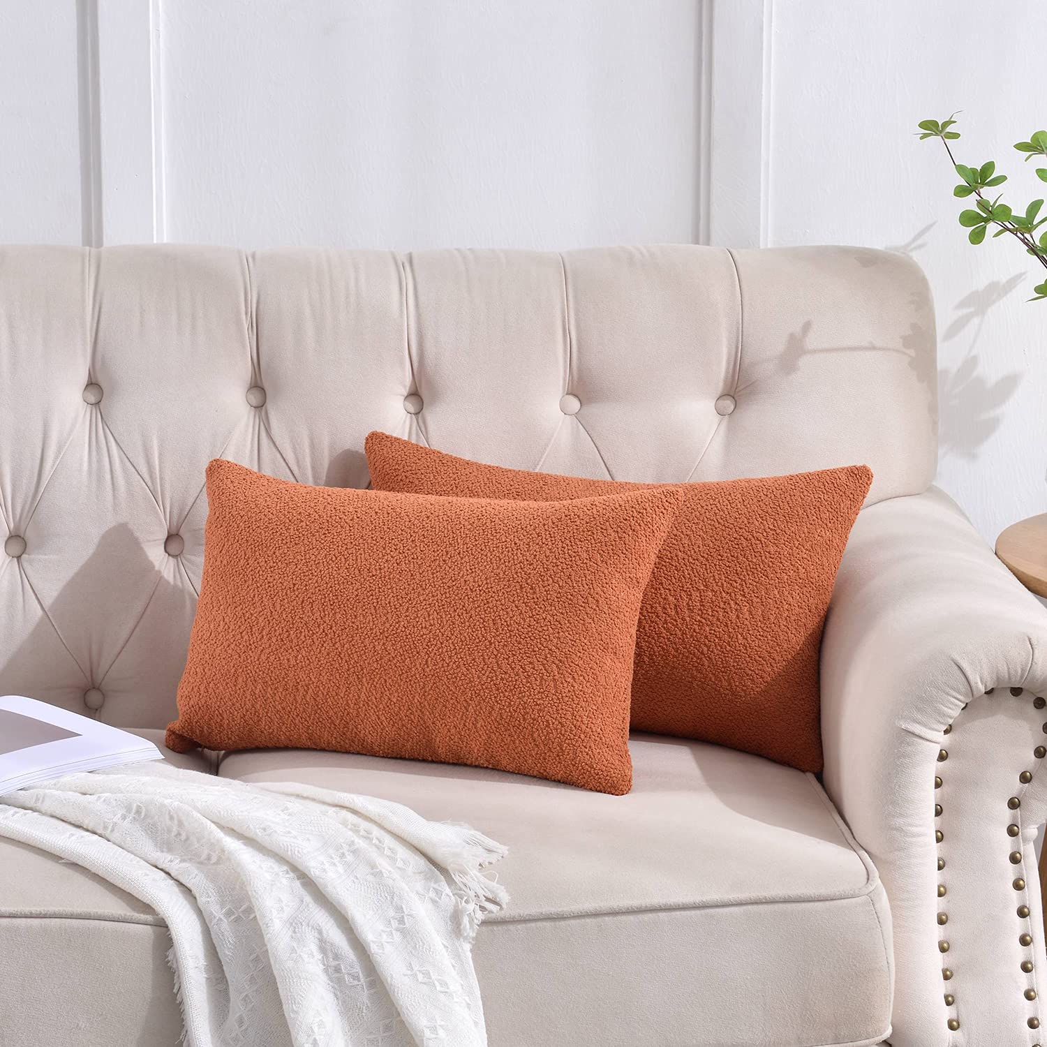 Rythome Set of 2 Cozy Boucle-Like Textured Throw Pillow Covers, Decorative Elegant Lumbar Pillow Cases for Couch Bed and Living Room - 12"x20", Terracotta