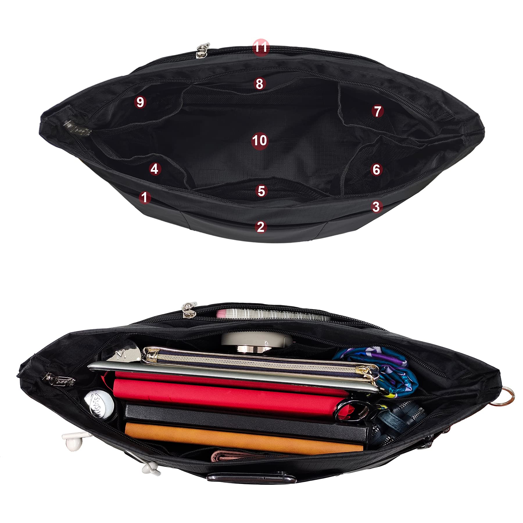 Time Wing Handbag Tote Purse Organizer Insert Bag Liner Shaper Divider Zipper 11 Pockets Compartments Medium Black