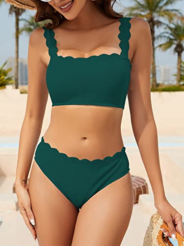 ZAFUL Scalloped Swimsuits for Women High Waisted Bikini Sets Padded Tummy Control 2 Piece Swimwear 7-Deep Green M