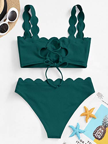 ZAFUL Scalloped Swimsuits for Women High Waisted Bikini Sets Padded Tummy Control 2 Piece Swimwear 7-Deep Green M