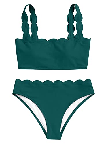 ZAFUL Scalloped Swimsuits for Women High Waisted Bikini Sets Padded Tummy Control 2 Piece Swimwear 7-Deep Green M