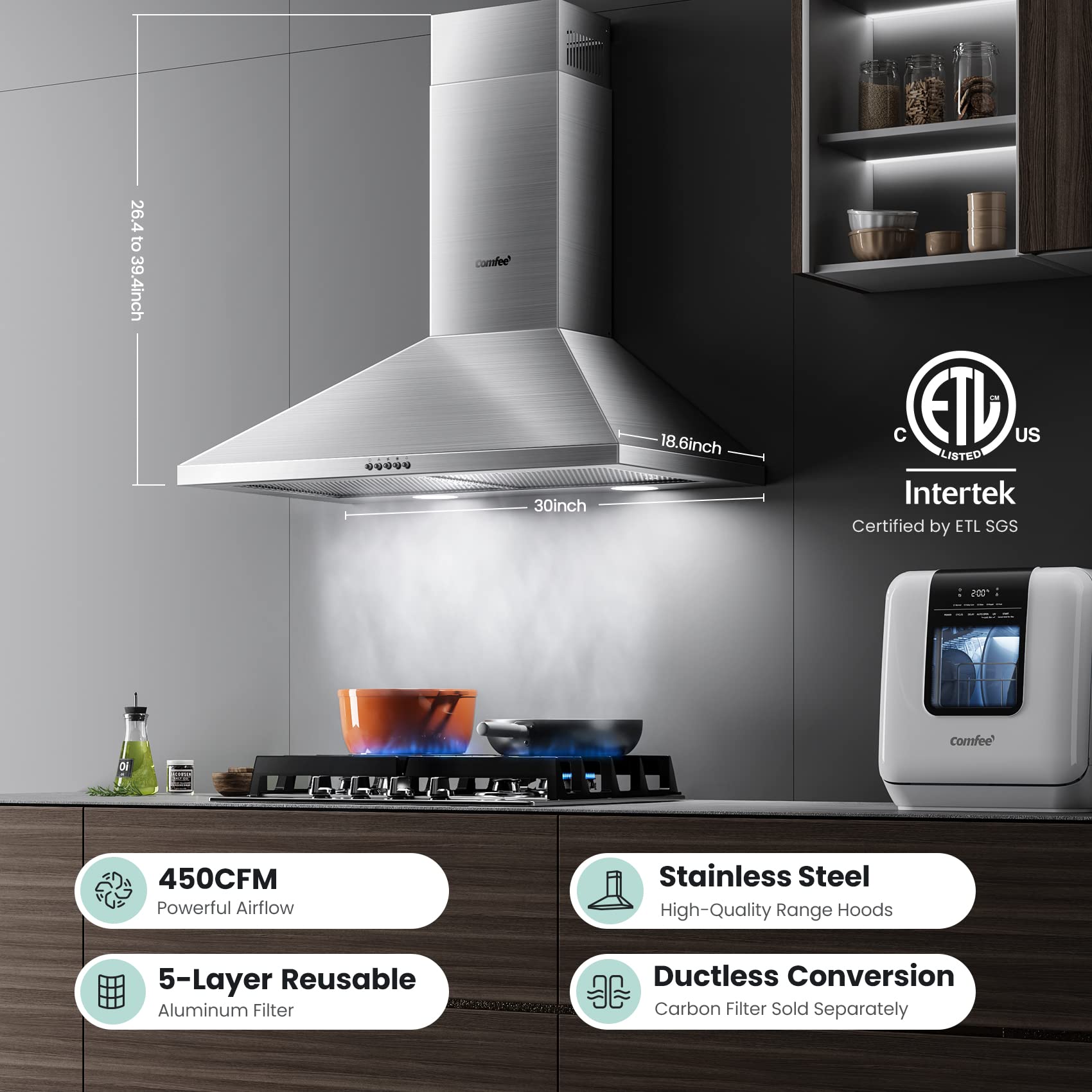 COMFEE' CVP30W6AST Ducted Pyramid Range 450 CFM Stainless Steel Wall Mount Vent Hood with 3 Speed Exhaust Fan, 5-Layer Aluminum Permanent Filters, Two LED Lights, Convertible to Ductless, 30 inches