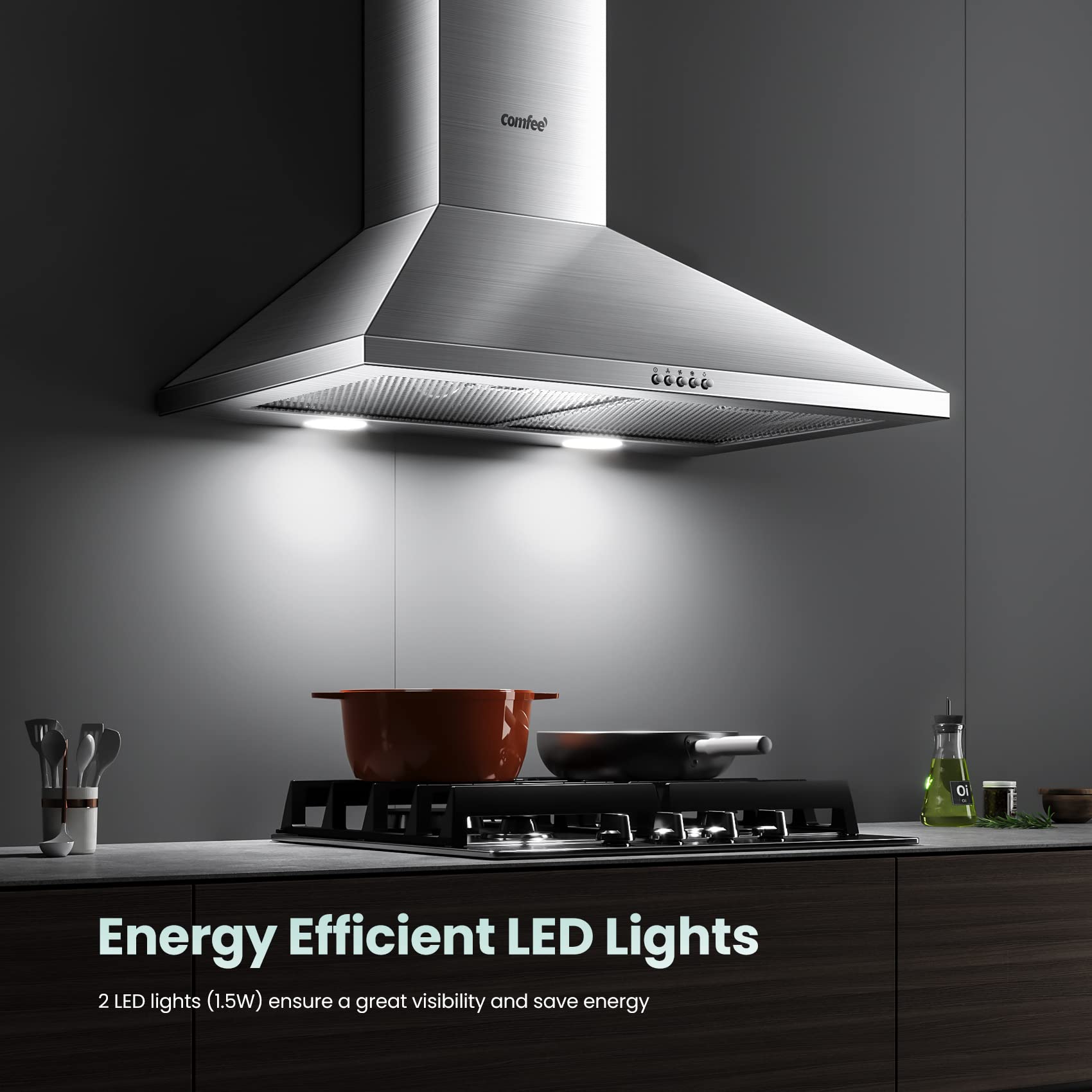COMFEE' CVP30W6AST Ducted Pyramid Range 450 CFM Stainless Steel Wall Mount Vent Hood with 3 Speed Exhaust Fan, 5-Layer Aluminum Permanent Filters, Two LED Lights, Convertible to Ductless, 30 inches