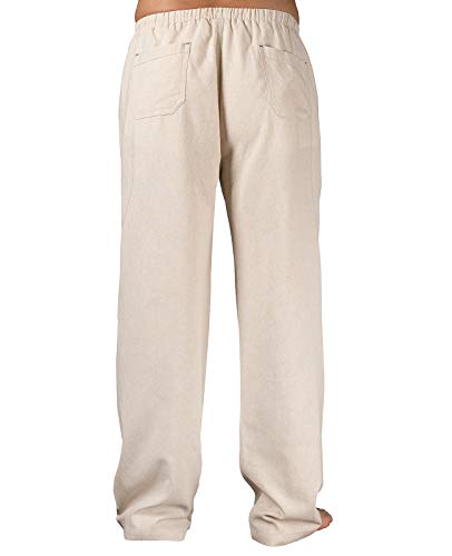 Lisskolo Men's Linen Pants Loose Lightweight Drawstring Elastic Waist Cotton Beach Trousers Khaki Medium