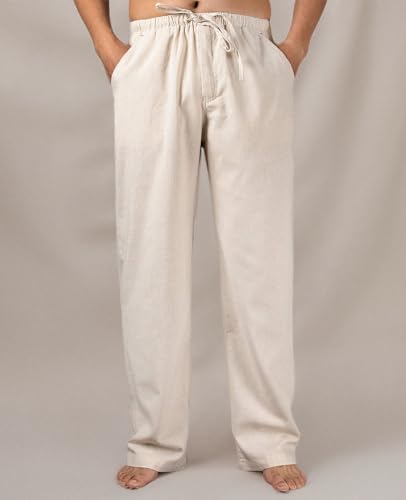 Lisskolo Men's Linen Pants Loose Lightweight Drawstring Elastic Waist Cotton Beach Trousers Khaki Medium