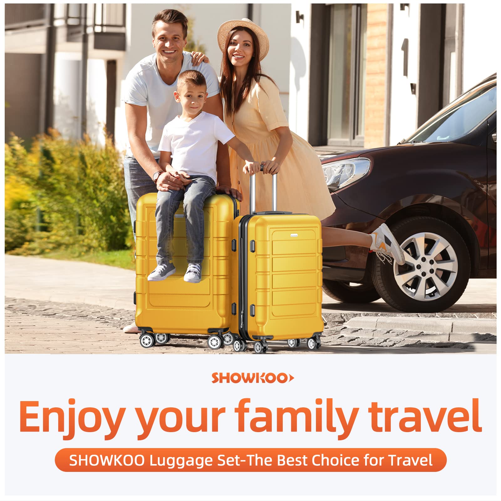 SHOWKOO Luggage Sets Expandable PC+ABS Durable Suitcase Sets Double Wheels TSA Lock Yellow 3pcs