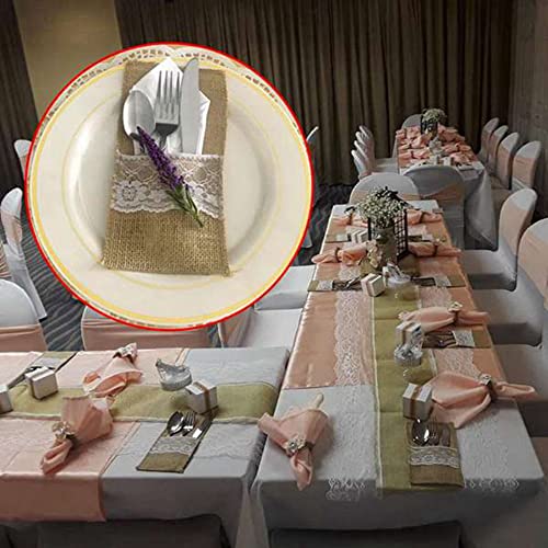 acrosser 100Pc Burlap Lace Cutlery Pouch Rustic Wedding Knife Fork Holder Bag Hessian Table Decoration Accessories