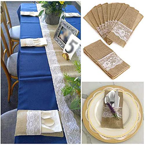 acrosser 100Pc Burlap Lace Cutlery Pouch Rustic Wedding Knife Fork Holder Bag Hessian Table Decoration Accessories