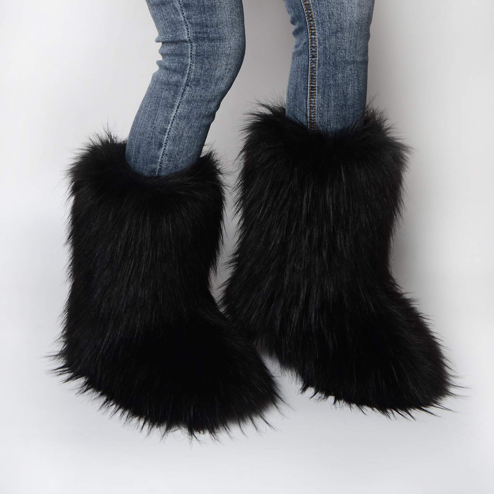 Gegefur Women's Faux fur Boot Furry Fluffy Short Snow Boot Mid-Calf Boots Warm Comfortable Outdoor Flat Shoes (black, numeric_11)