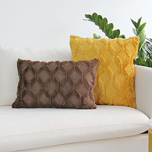 JOJUSIS Plush Short Wool Velvet Decorative Throw Pillow Covers Luxury Style Cushion Case Faux Fur Pillowcases for Sofa Bedroom Pack of 2 18 x 18 Inch Yellow