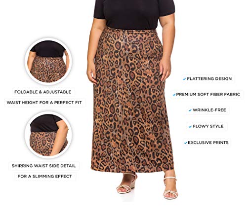 Women's Plus Size Maxi Skirt - Fold Over High Waist Long Skirts, Brown Leopard, 1X