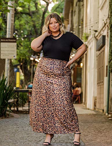 Women's Plus Size Maxi Skirt - Fold Over High Waist Long Skirts, Brown Leopard, 1X