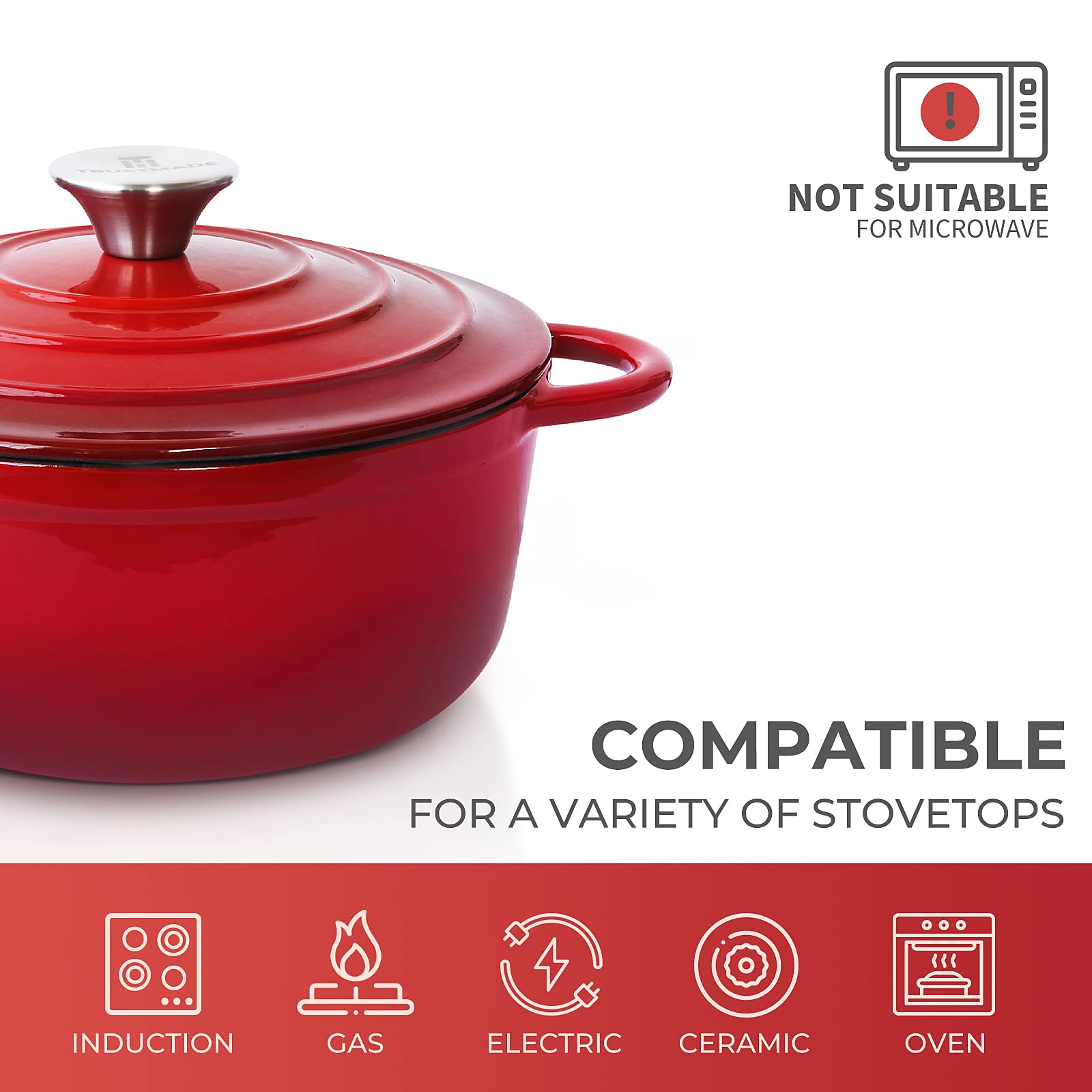 Trustmade 3 QT Cast Iron Dutch Oven, Enamel Coated Cookware Pot with Self Basting Lid for Home Baking, Braiser, Cooking, Red