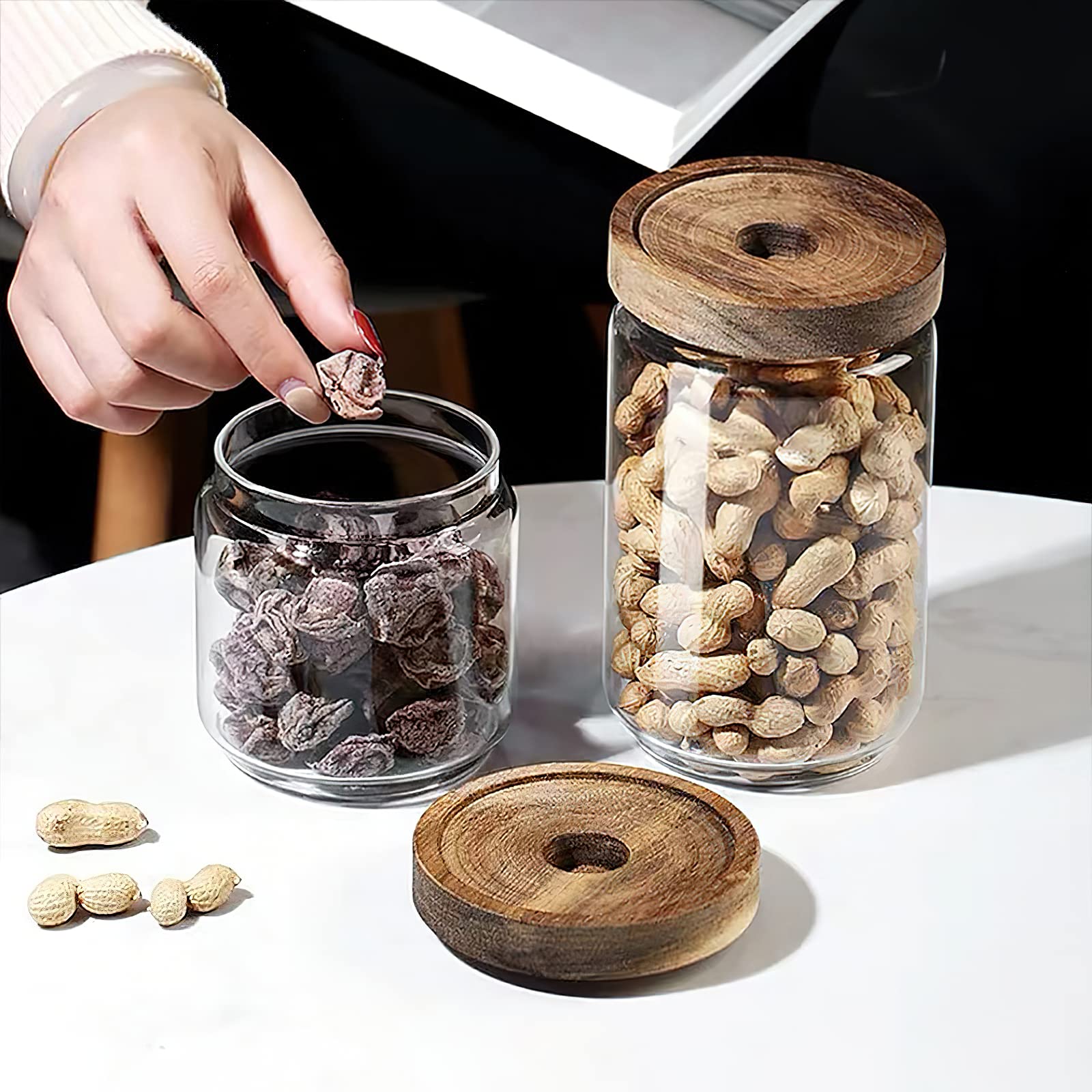 MOLADRI 960ML/32Oz Clear Cute Glass Storage Canister Holder with Stackable Airtight Wood Lid, Modern Decorative Container Jar for Coffee, Spice, Candy, Salt, Cookie, Condiment, Pepper, Sugar