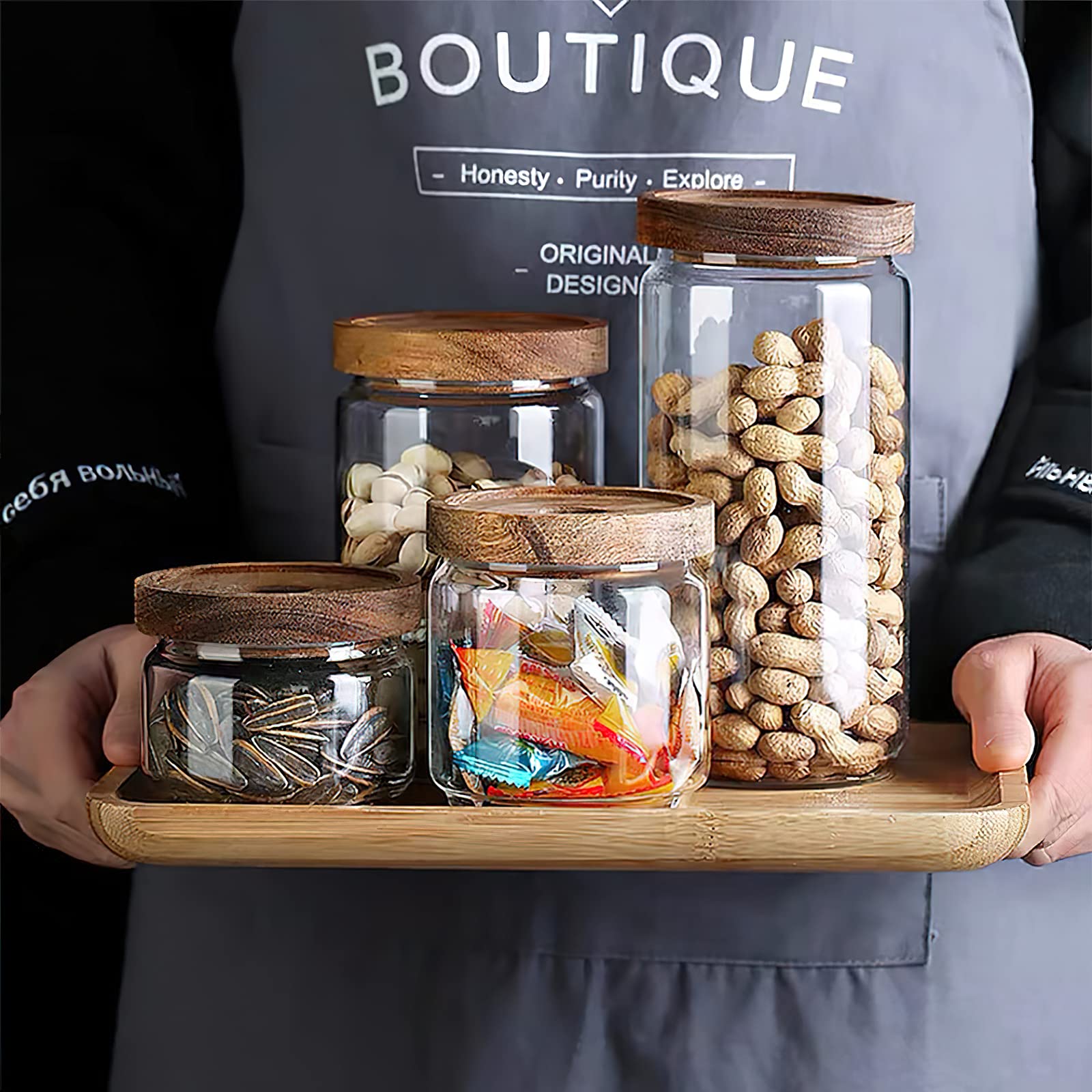 MOLADRI 960ML/32Oz Clear Cute Glass Storage Canister Holder with Stackable Airtight Wood Lid, Modern Decorative Container Jar for Coffee, Spice, Candy, Salt, Cookie, Condiment, Pepper, Sugar