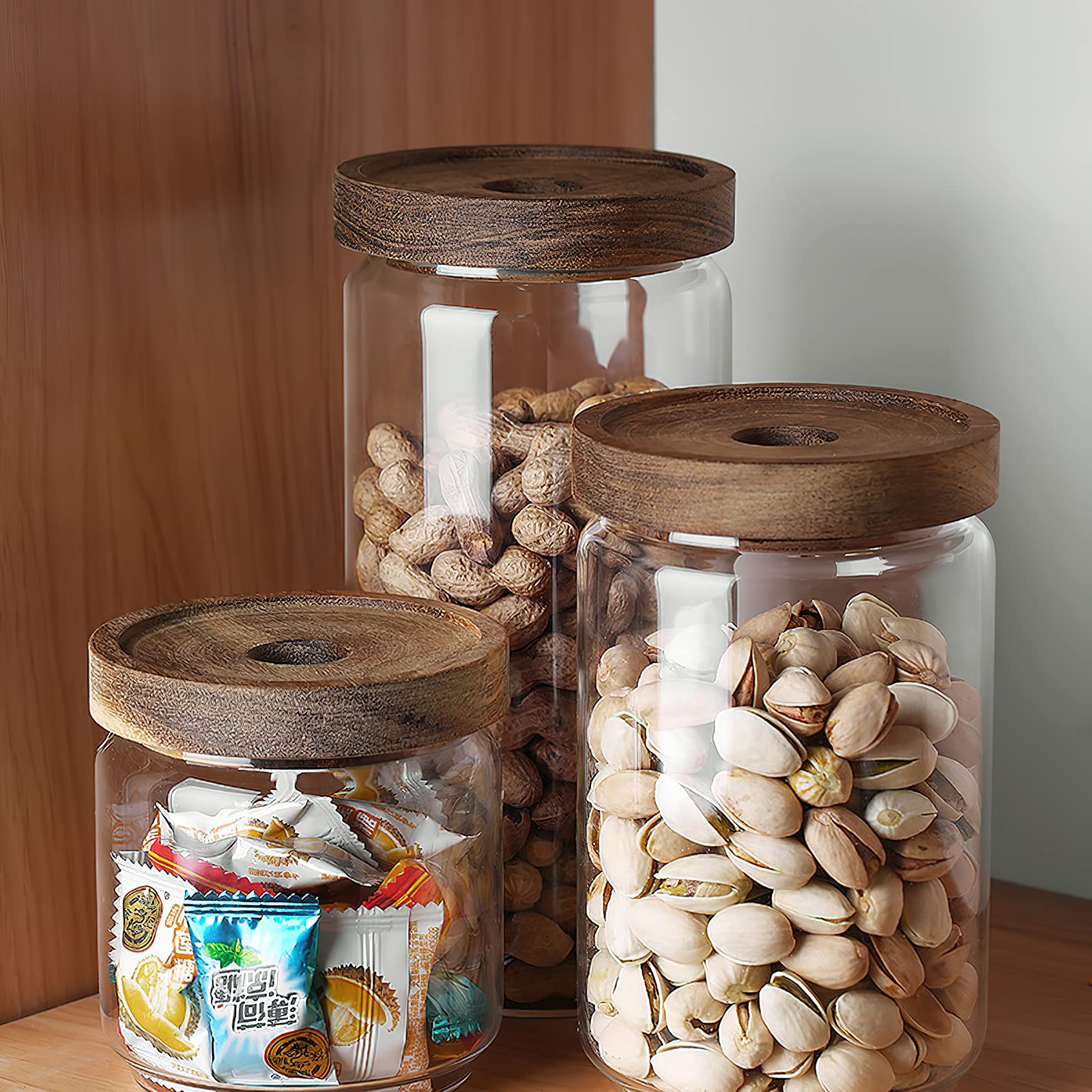 MOLADRI 960ML/32Oz Clear Cute Glass Storage Canister Holder with Stackable Airtight Wood Lid, Modern Decorative Container Jar for Coffee, Spice, Candy, Salt, Cookie, Condiment, Pepper, Sugar