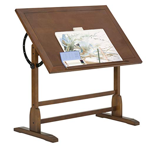 Studio Designs Vintage Drafting Table + Swing Arm Lamp Bundle | Solid Wood Table with Built-in Pencil Groove + Flexible Steel Spring Lamp with Clamp
