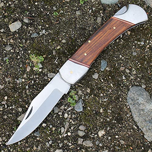 Rtek 5" Wood Handle Folding Pocket Knife with Leather Sheath | Lockback Traditional Folding Knife for Outdoor, Hunting, Camping and EDC (Wood Handle)