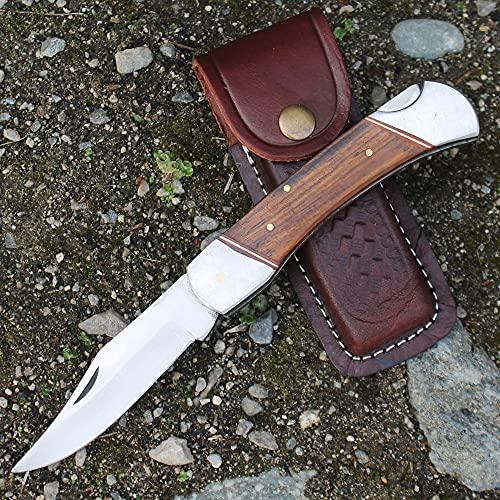 Rtek 5" Wood Handle Folding Pocket Knife with Leather Sheath | Lockback Traditional Folding Knife for Outdoor, Hunting, Camping and EDC (Wood Handle)