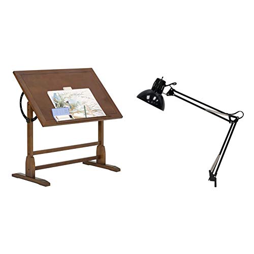 Studio Designs Vintage Drafting Table + Swing Arm Lamp Bundle | Solid Wood Table with Built-in Pencil Groove + Flexible Steel Spring Lamp with Clamp