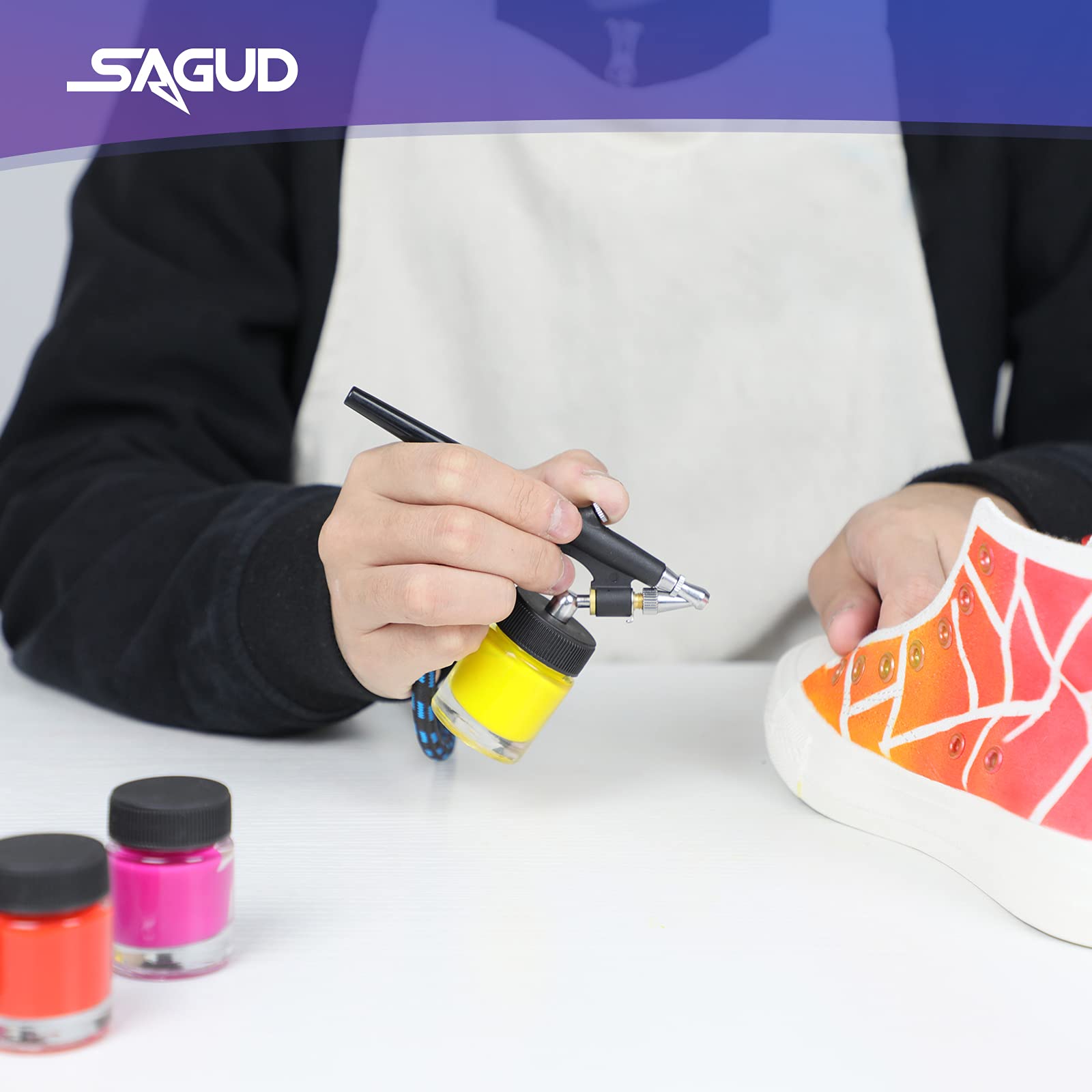 SAGUD 10pcs Glass Airbrush Bottles Kit 18cc (2/3 Ounce) Airbrush jar with 10pcs Adapter Cap Covers Set and 60° Down Angle Adaptor Lid,Fits Single Action Siphon Feed Airbrushes