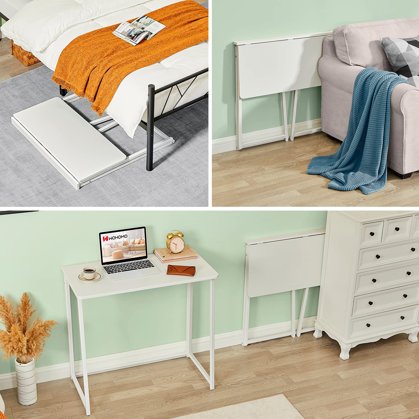 WOHOMO Folding Desk, 31.5" Small Desk for Small Spaces, Easy Assemble Foldable Computer Desk for Laptop, Mini Portable Working Table Narrow Wooden Writing Workstation for Home Office, White