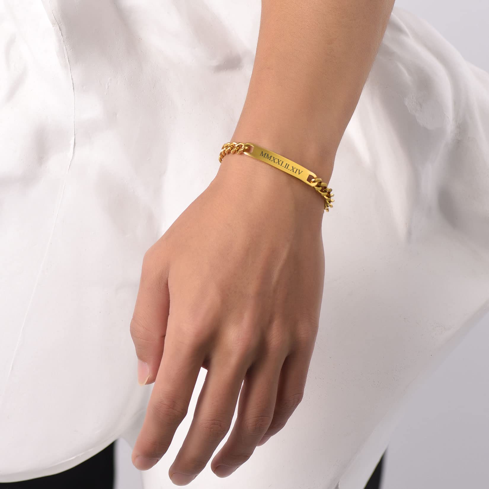 U7 Engraved ID Bracelet Adjustable 7" to 9" Gold Plated Cuban Chain Custom Coordination Quote Message Bar Bracelets for Men Women