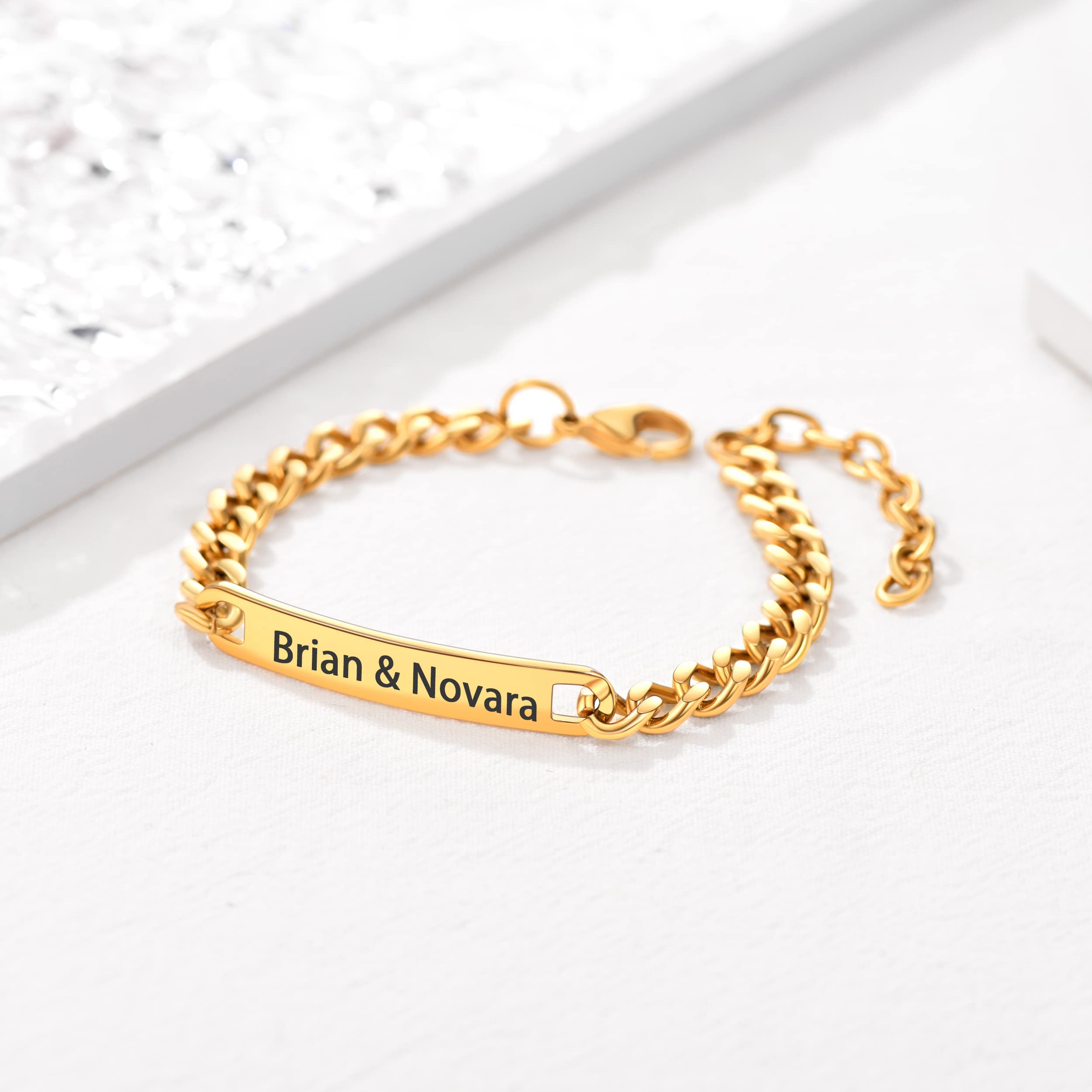 U7 Engraved ID Bracelet Adjustable 7" to 9" Gold Plated Cuban Chain Custom Coordination Quote Message Bar Bracelets for Men Women