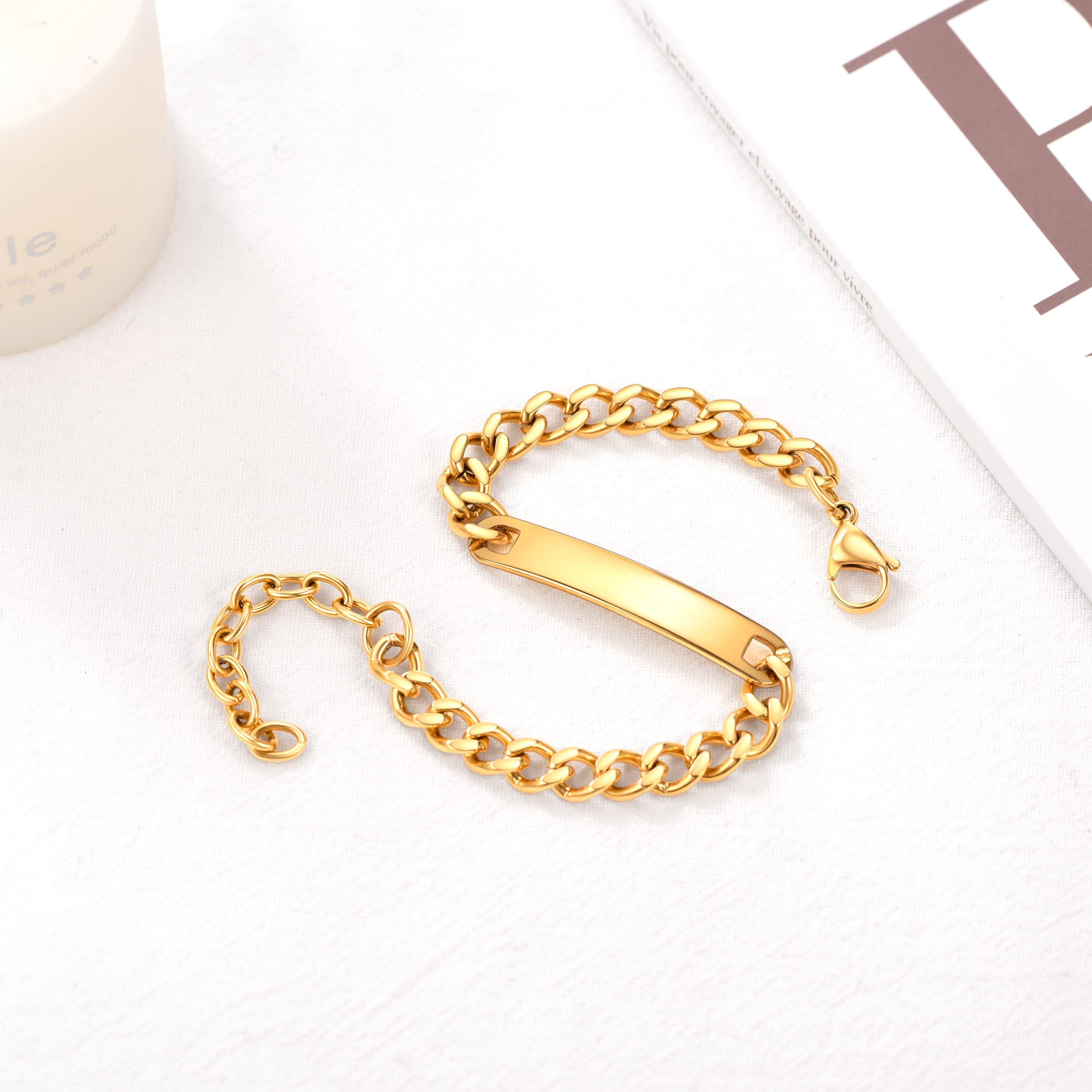 U7 Engraved ID Bracelet Adjustable 7" to 9" Gold Plated Cuban Chain Custom Coordination Quote Message Bar Bracelets for Men Women