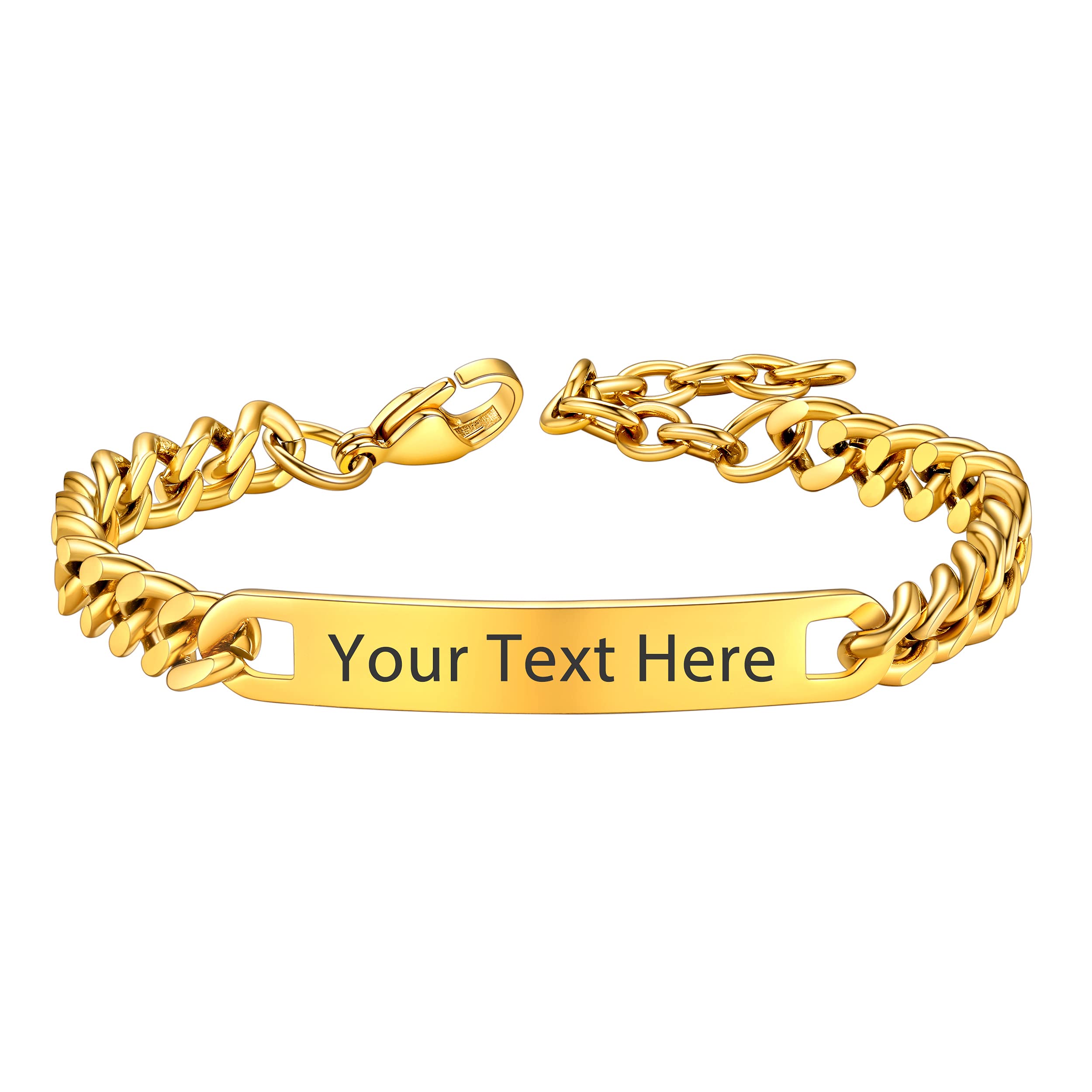 U7 Engraved ID Bracelet Adjustable 7" to 9" Gold Plated Cuban Chain Custom Coordination Quote Message Bar Bracelets for Men Women