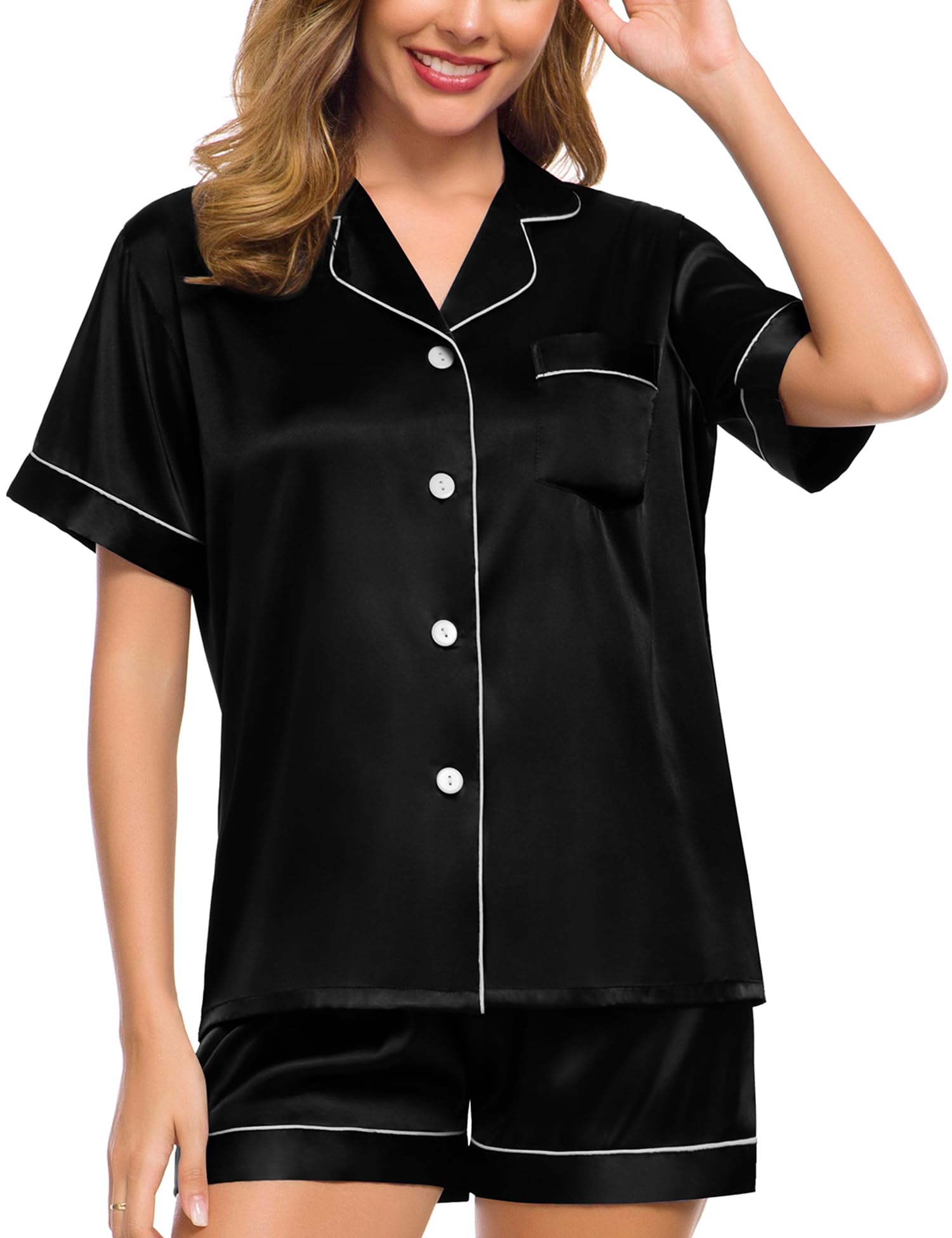 SWOMOG Women's Satin Pajamas Short Sleeve Sleepwear Soft Silk Button Down Loungewear Pjs Shorts Set Black