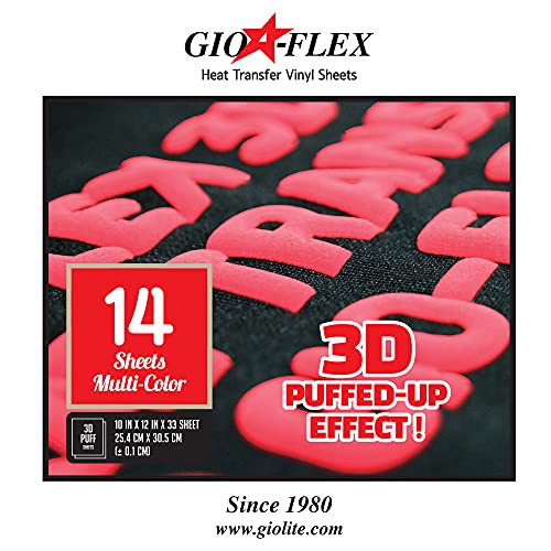 GIO-FLEX 3D Puff Vinyl Heat Transfer 10" x 12" - 14 Sheets Foaming HTV Assorted Colors Bundle/Variety Pack, Adhesive Vinyl, Iron-On Transfer, Heat Press with Cricut Silhouette Cameo