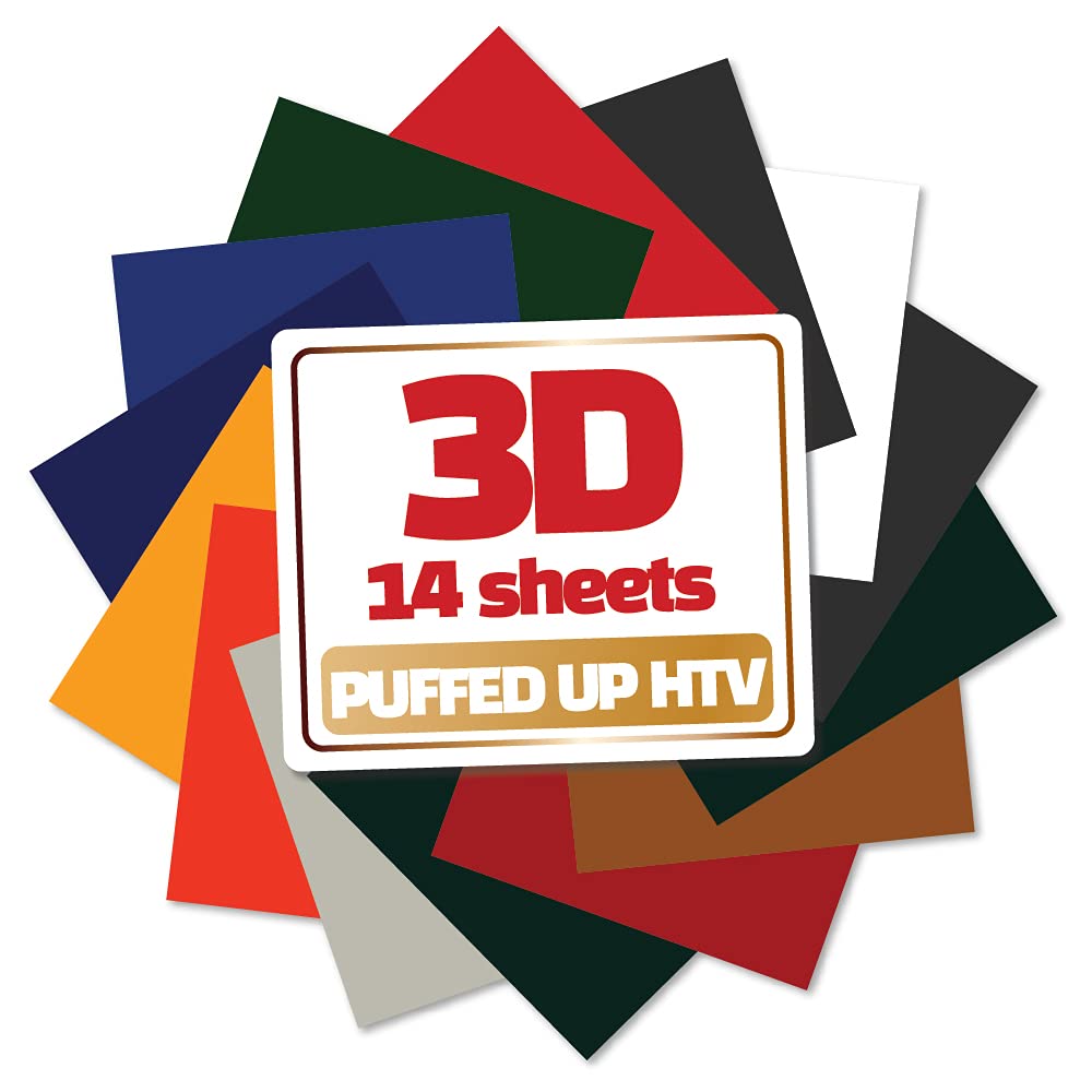 GIO-FLEX 3D Puff Vinyl Heat Transfer 10" x 12" - 14 Sheets Foaming HTV Assorted Colors Bundle/Variety Pack, Adhesive Vinyl, Iron-On Transfer, Heat Press with Cricut Silhouette Cameo