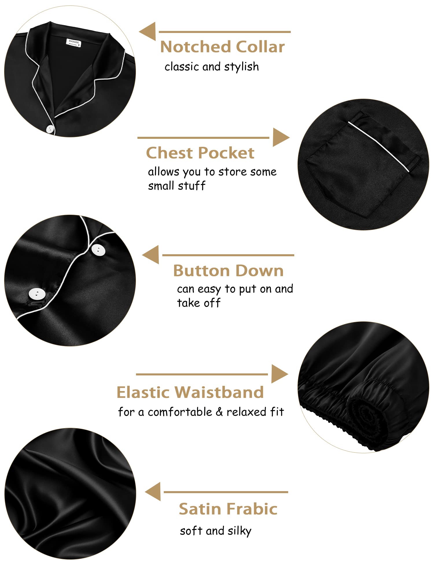 SWOMOG Women's Satin Pajamas Short Sleeve Sleepwear Soft Silk Button Down Loungewear Pjs Shorts Set Black