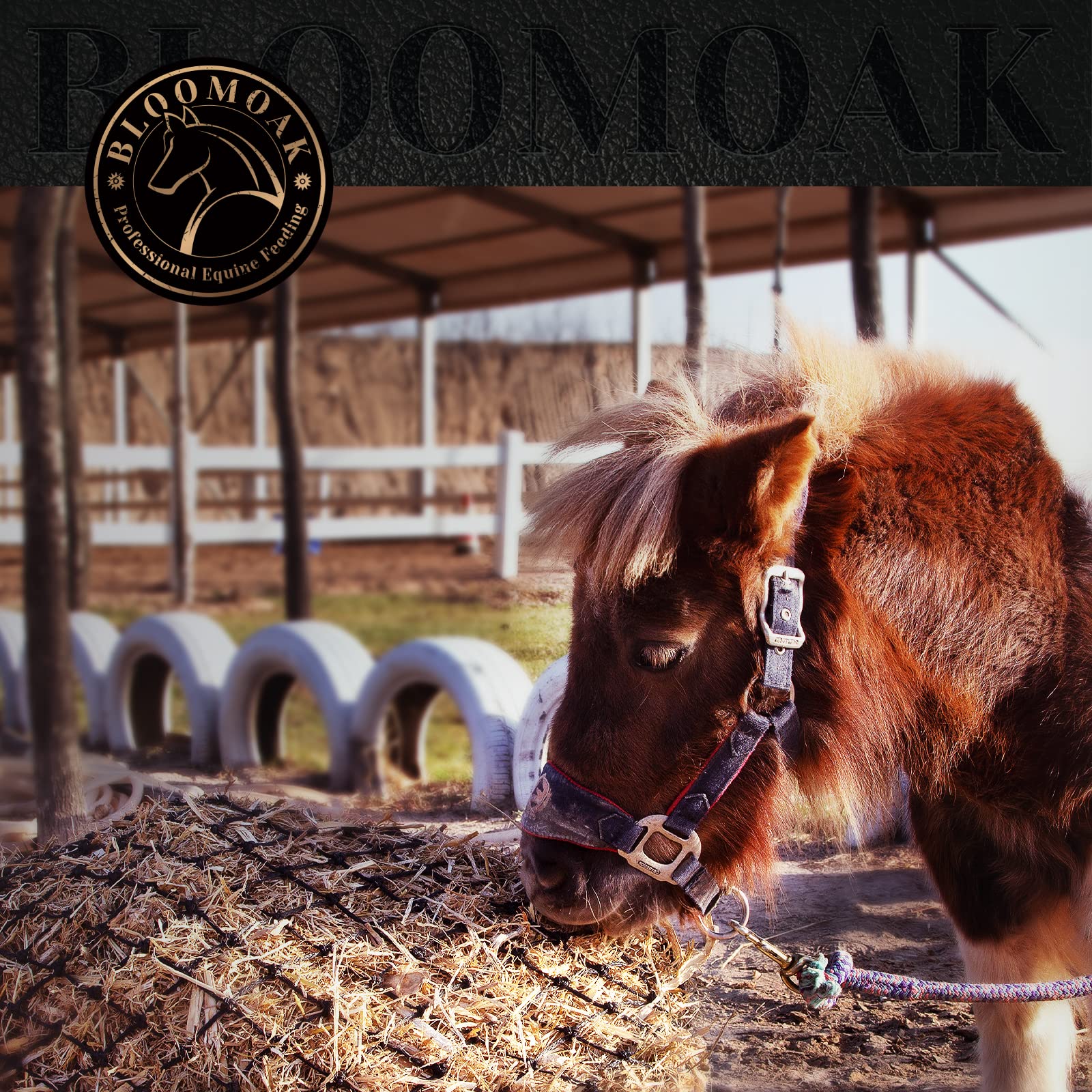 Bloomoak Slow Feed Hay Net for Horses, 40" Hay Bag with 2 inch Hole for Horse and Goat, Heavy Duty PE,Easy Fill with Rings…