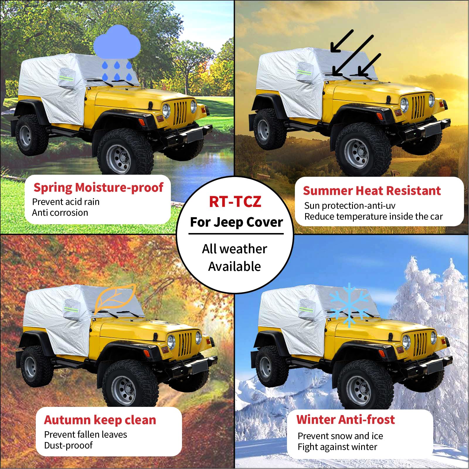 RT-TCZ Car Rain Snow Sunshade Cover Accessories for 1997-2006 Jeep Wrangler TJ Windproof Dustproof Scratch Resistant Outdoor UV Protection Auto Cover