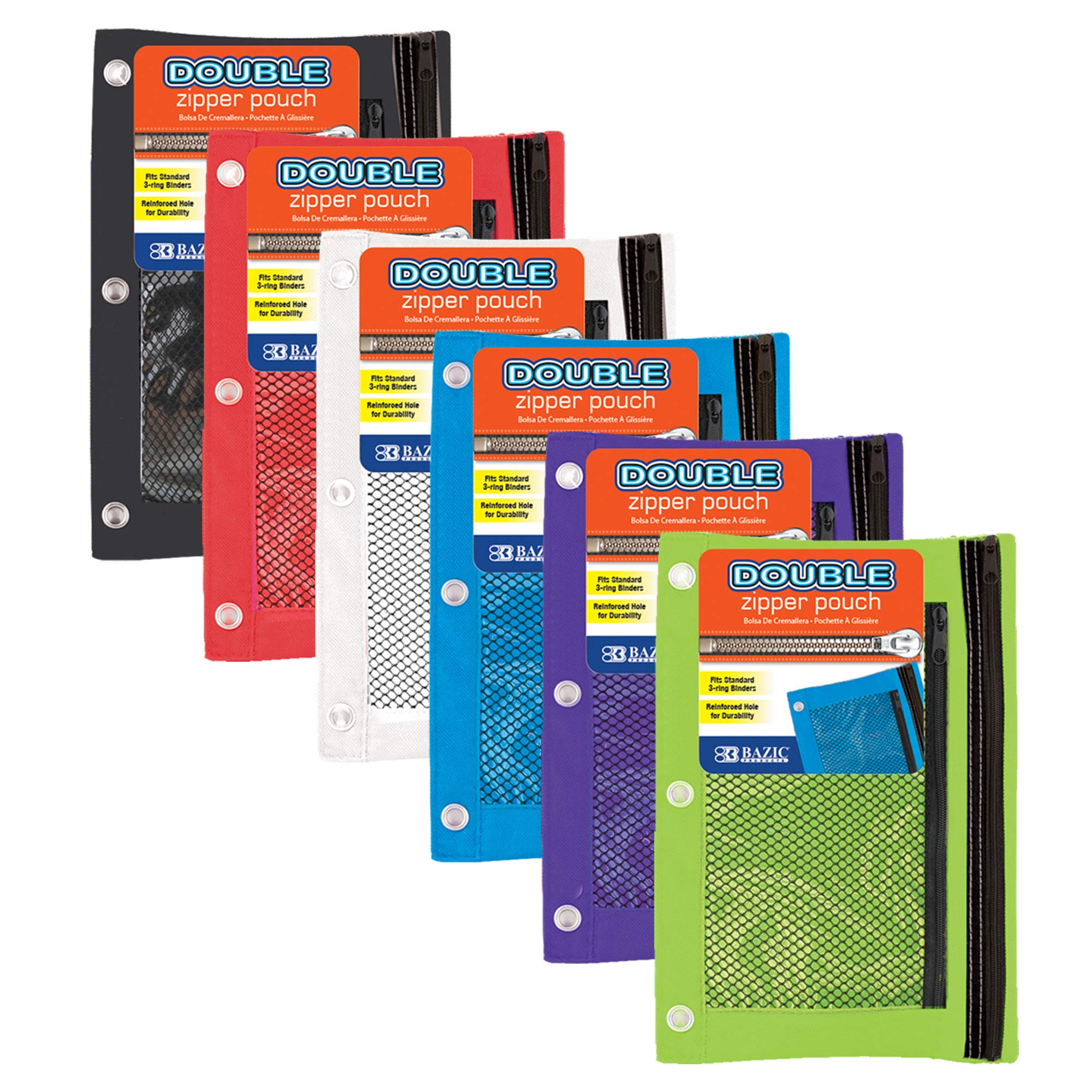 BAZIC Pencil Pouch 3 Ring Binder Pouch w/Rivet Enforced Rings Holes, Assorted Color Mesh Window, Double Zipper Pouches 144-Pack