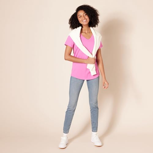 Amazon Essentials Women's Classic-Fit 100% Cotton Short-Sleeve V-Neck T-Shirt (Available in Plus Size), Pack of 2, Light Grey Heather/Bright Pink, Medium