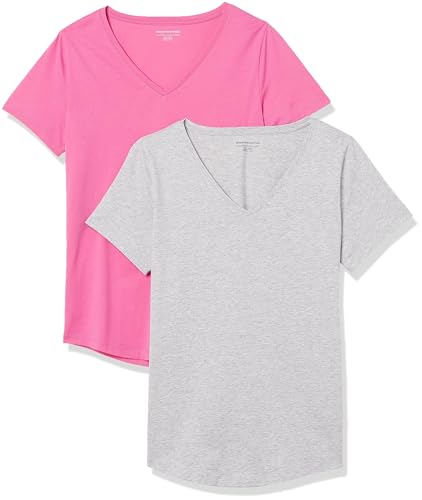 Amazon Essentials Women's Classic-Fit 100% Cotton Short-Sleeve V-Neck T-Shirt (Available in Plus Size), Pack of 2, Light Grey Heather/Bright Pink, Medium