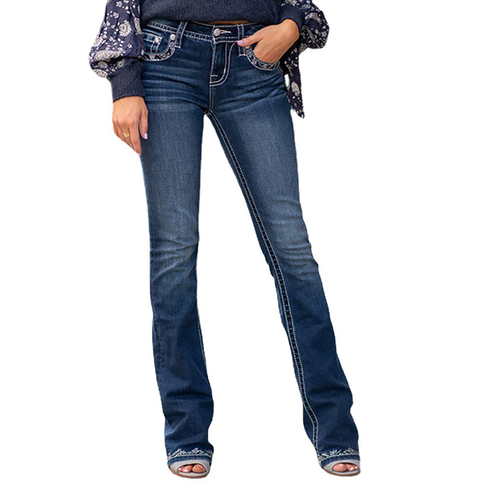 QJBMEI Women's Jeans Feather Flower Embroidery Mid Rise Stretchy Bootcut Slim Wide Leg Pants Blue