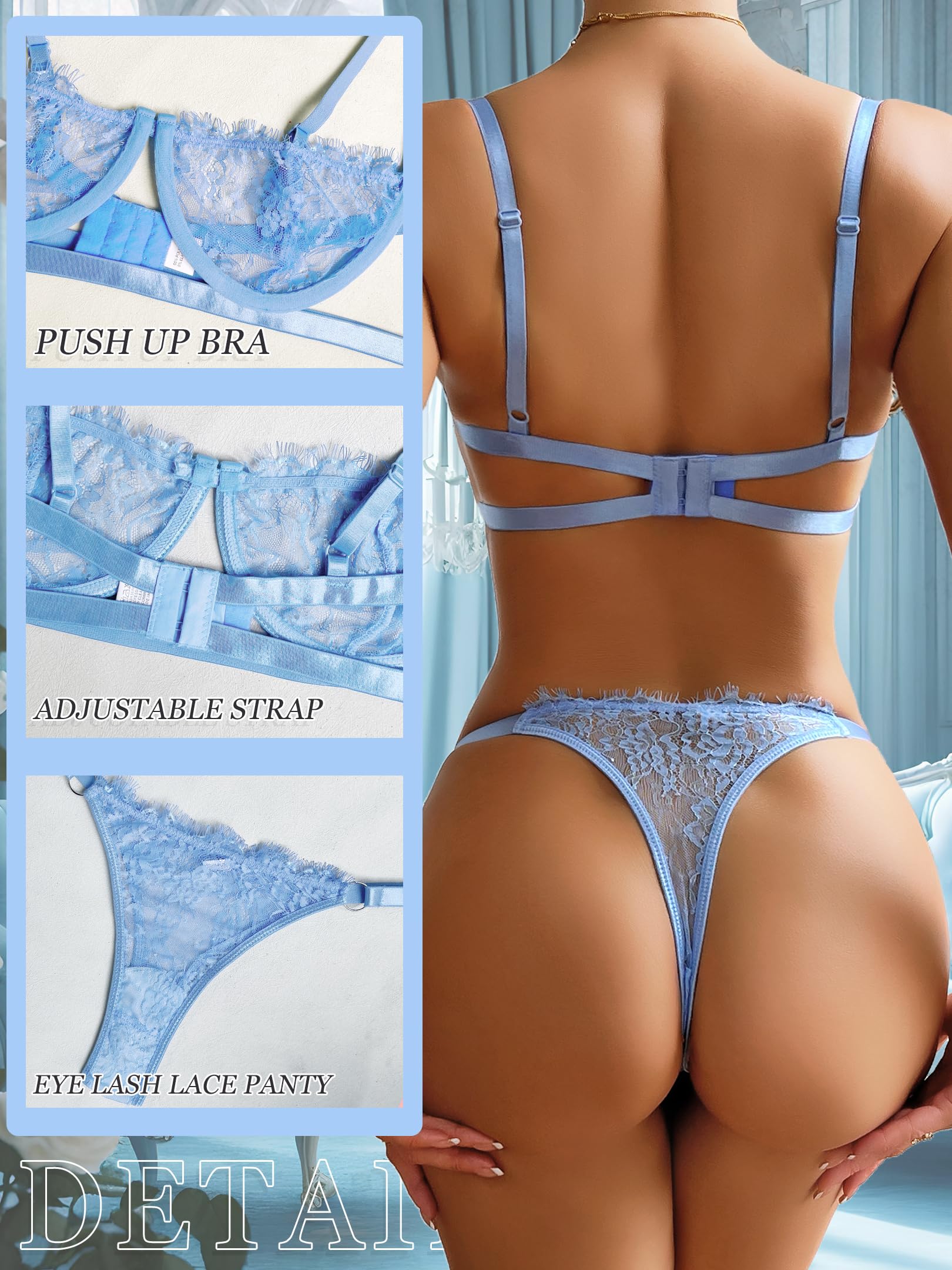 Dlsave Sexy Lingerie for Women Eyelash Lace Mesh Matching Bra and Panty Sets Push Up Lace Bralette 2 Piece Lingerie Set Lblue