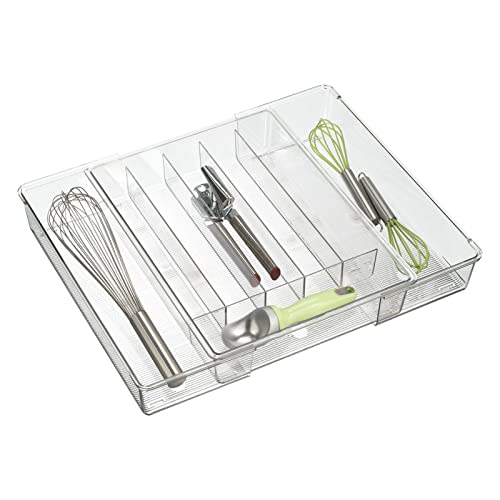 mDesign Dual Expandable Plastic In-Drawer Utensil Organizer Tray Deep 6 Divided Sections for Kitchen; Holds Cutlery, Flatware, Silverware, Cooking Utensils, Ligne Collection, 2 Pack, Clear